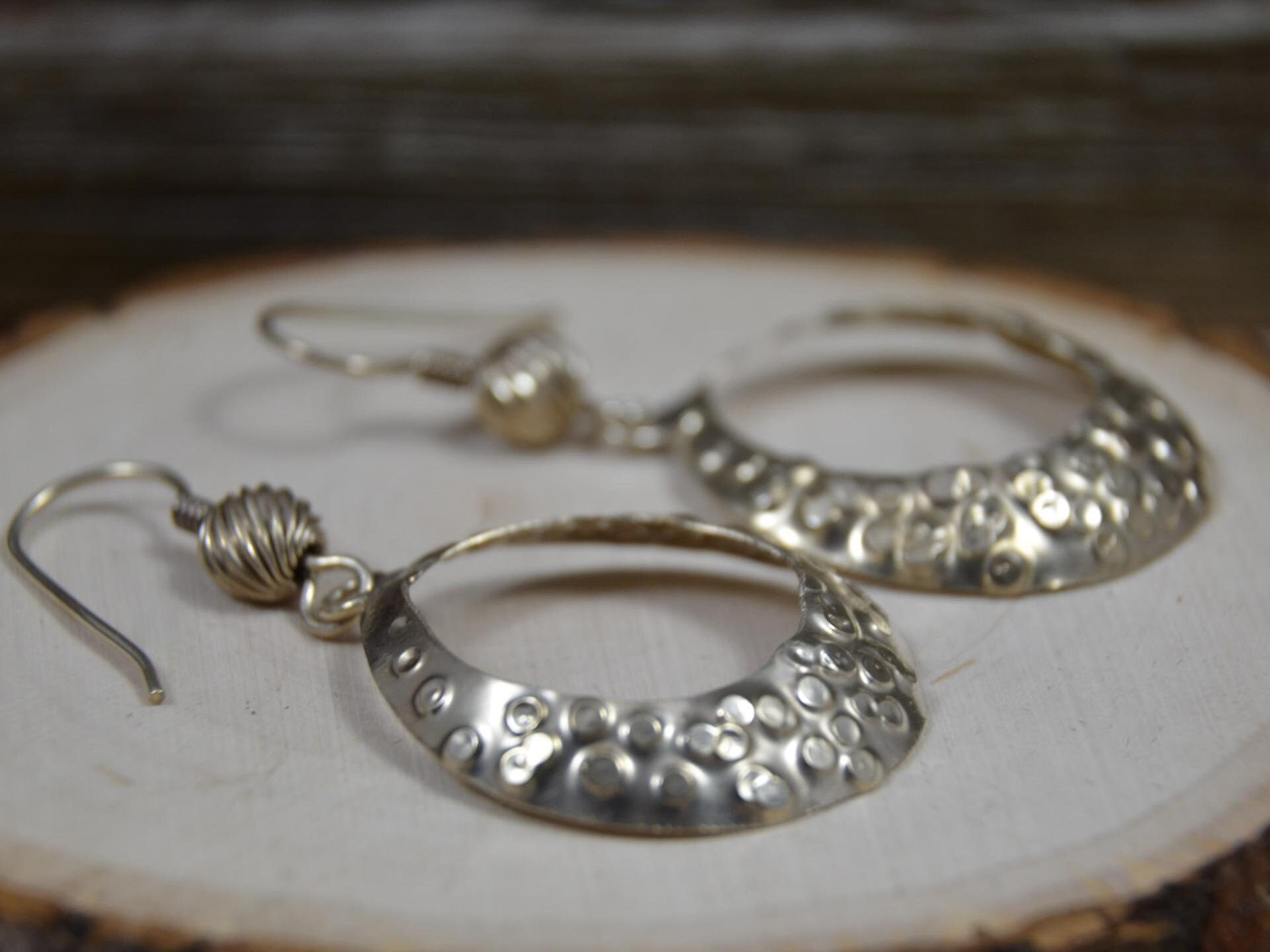 Hammered Loop With Twisted Wire Ball Bail Drop Silver Earrings, Hoop ...