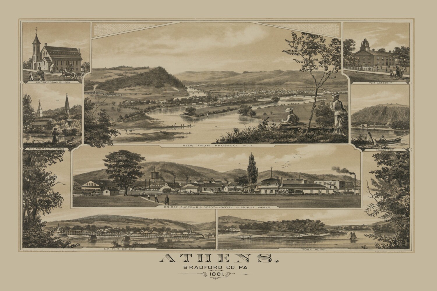 Athens, PA 1881 Bird's Eye View 24 X 36 Print From a Vintage Lithograph ...