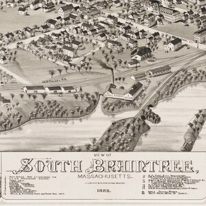 Braintree, MA 1882 Bird's Eye View; 24x36 Print From a Vintage ...