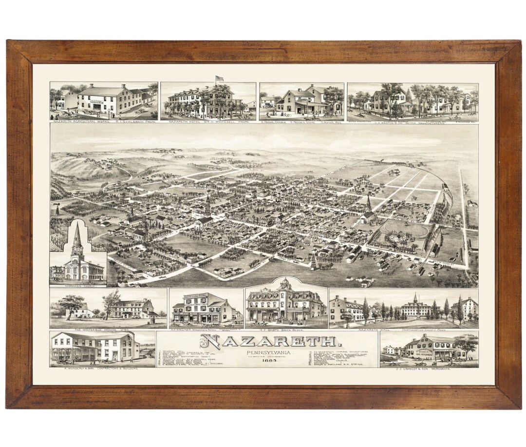 Nazareth, PA 1885 Bird's Eye View; 24x36 Print From a Vintage ...