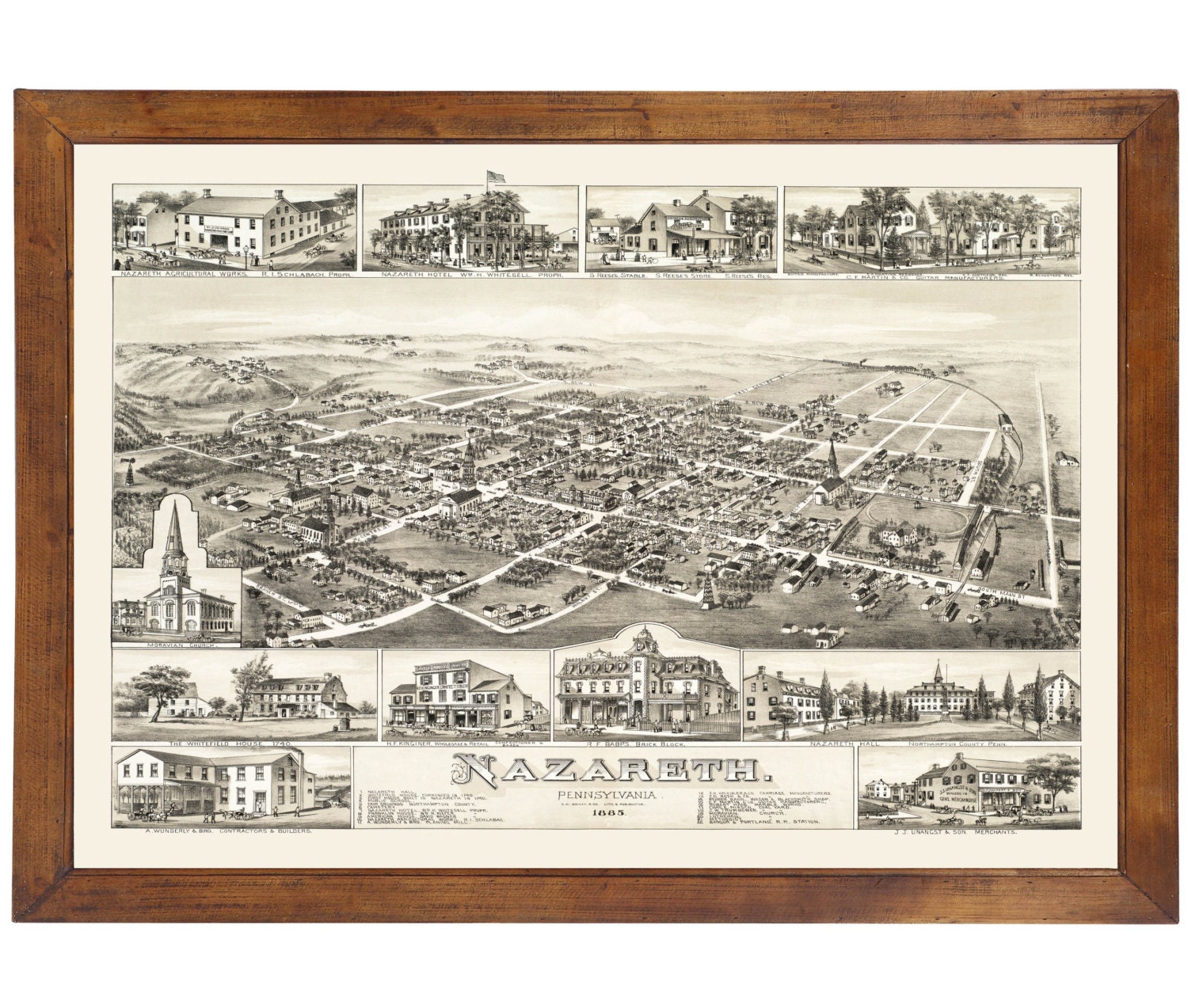 Nazareth, PA 1885 Bird's Eye View; 24x36 Print From a Vintage ...