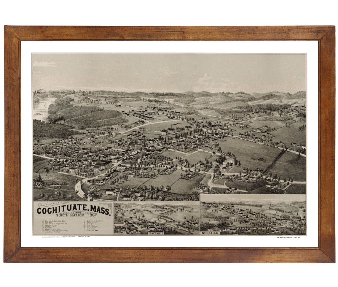 Cochituate & N. Natick, MA 1887 Bird's Eye View; 24x36 Print From a ...