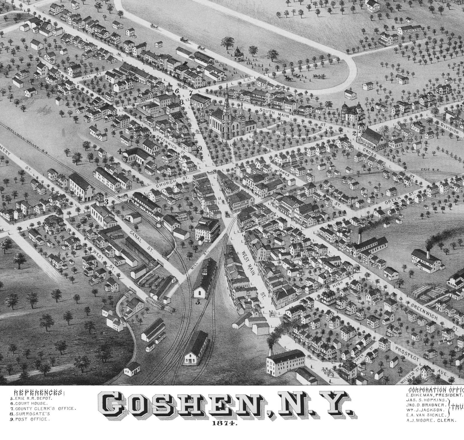 Goshen, NY 1874 Bird's Eye View 24x36 Print from a Vintage Lithograph ...