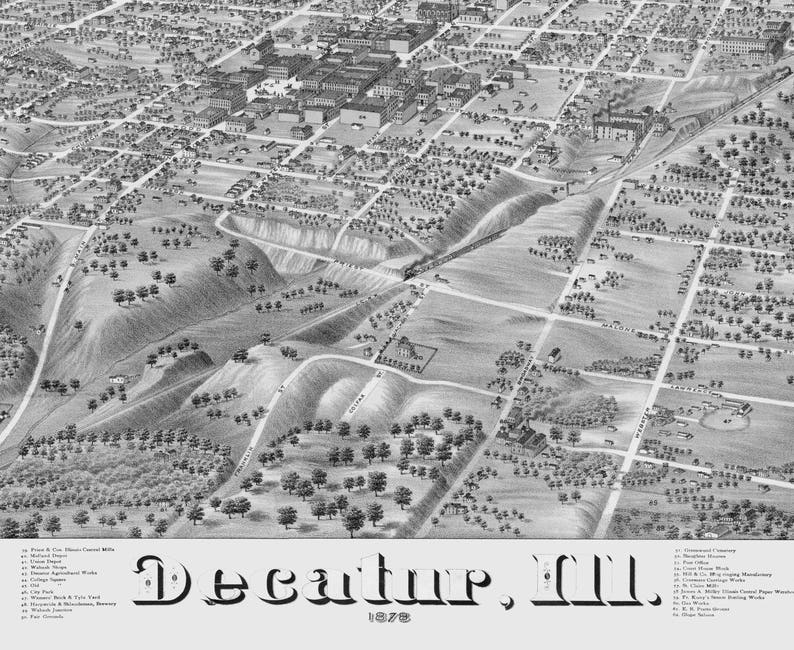 Decatur, IL 1878 Bird's Eye View; 24x36 Print From a Vintage Lithograph ...