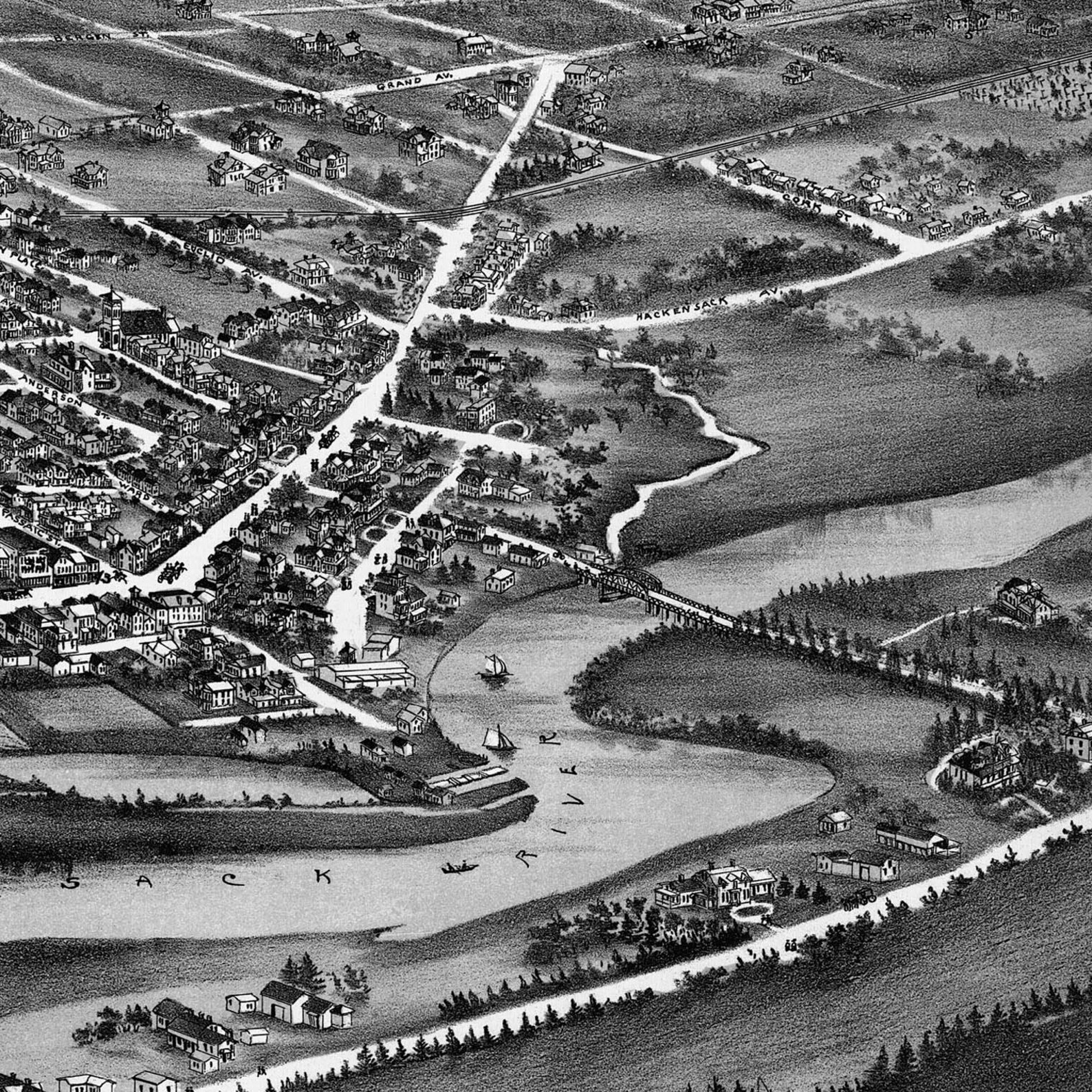 Hackensack, NJ 1896 Bird's Eye View; 24x36 Print From a Vintage ...