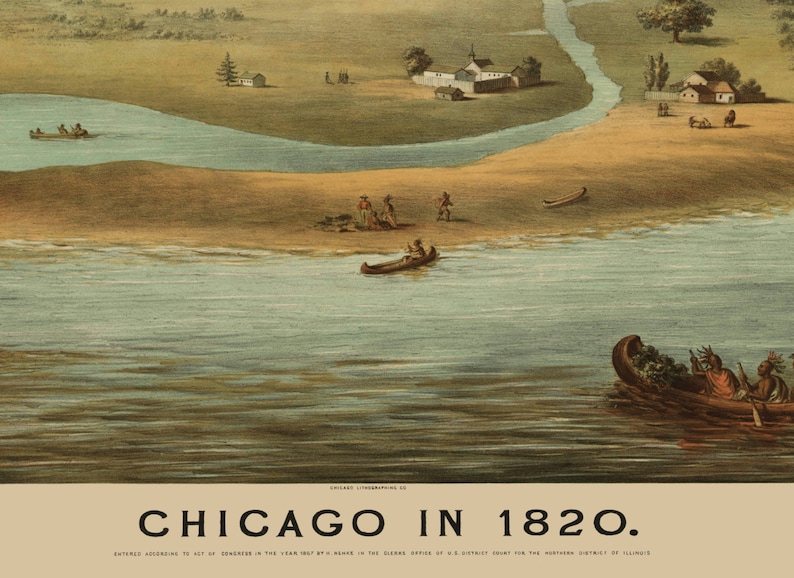 Chicago, IL 1820 Bird's Eye View; 24x36 Print From a Vintage Lithograph ...