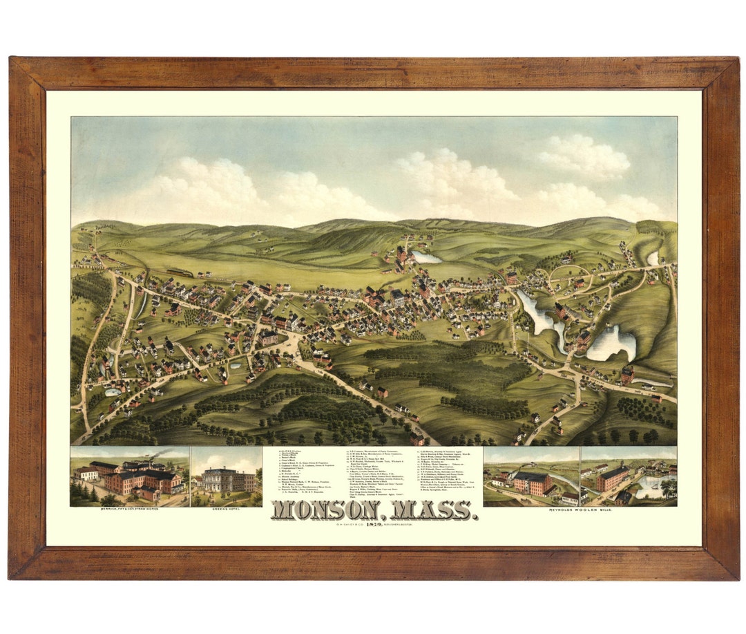 Monson, MA 1879 Bird's Eye View; 24x36 Print From a Vintage Lithograph ...
