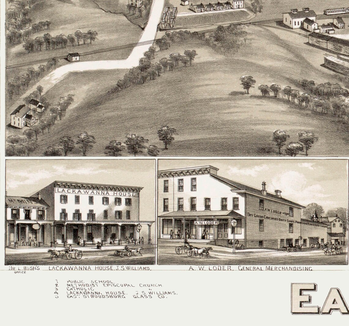 Stroudsburg, PA 1884 Bird's Eye View; 24x36 Print From a Vintage ...