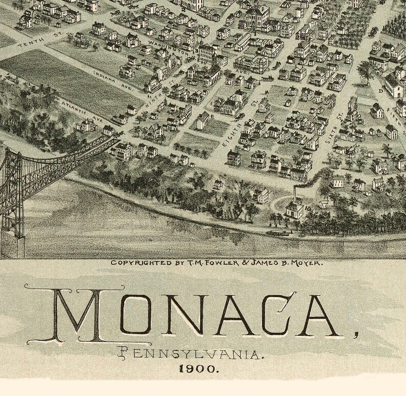Monaca, PA 1900 Bird's Eye View 24x36 Print From a Vintage Lithograph ...