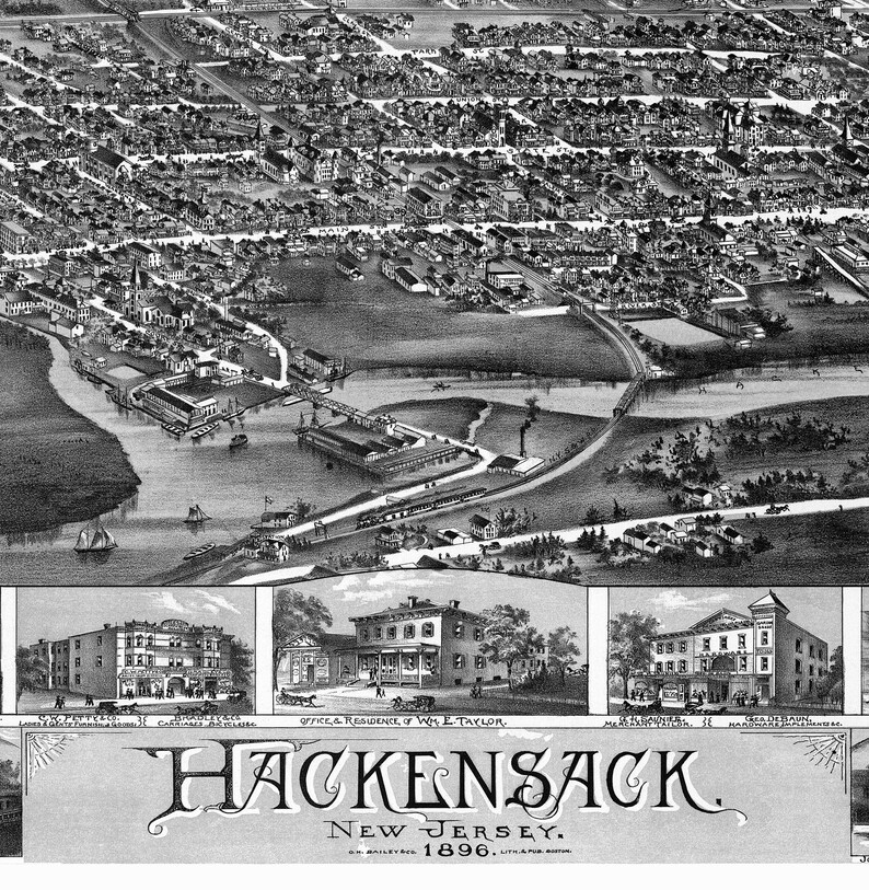 Hackensack, NJ 1896 Bird's Eye View; 24x36 Print From a Vintage ...