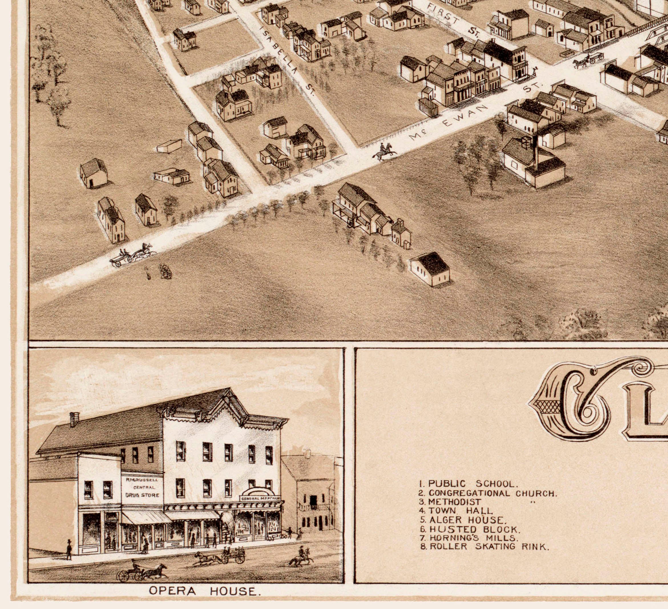 Clare, MI 1884 Bird's Eye View; 24x36 Print From a Vintage Lithograph ...