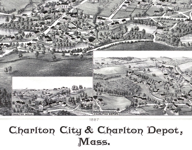 Charlton City, MA 1887 Bird's Eye View; 24x36 Print From a Vintage ...