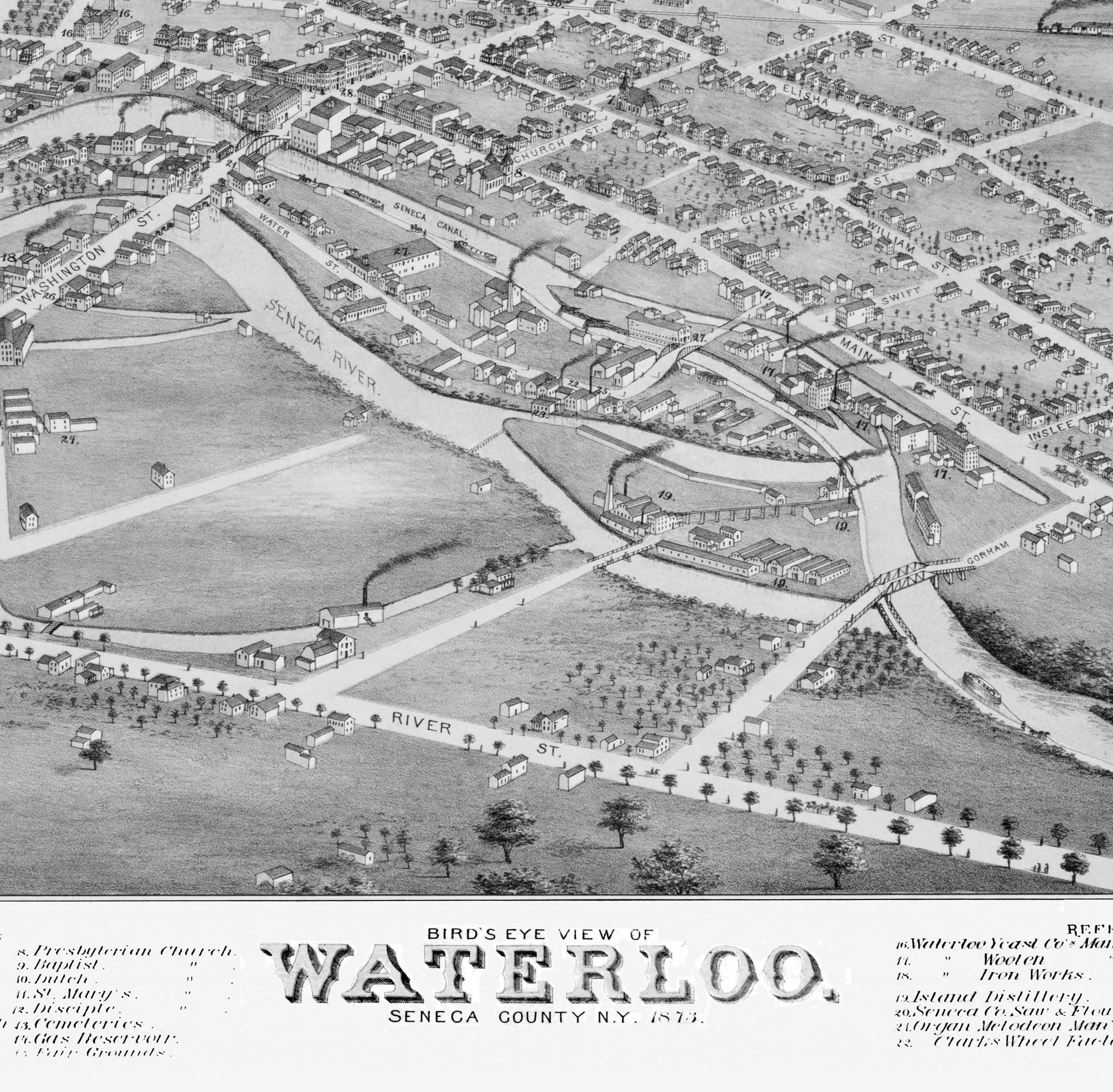 Waterloo, NY 1873 Bird's Eye View; 24x36 Print From a Vintage ...