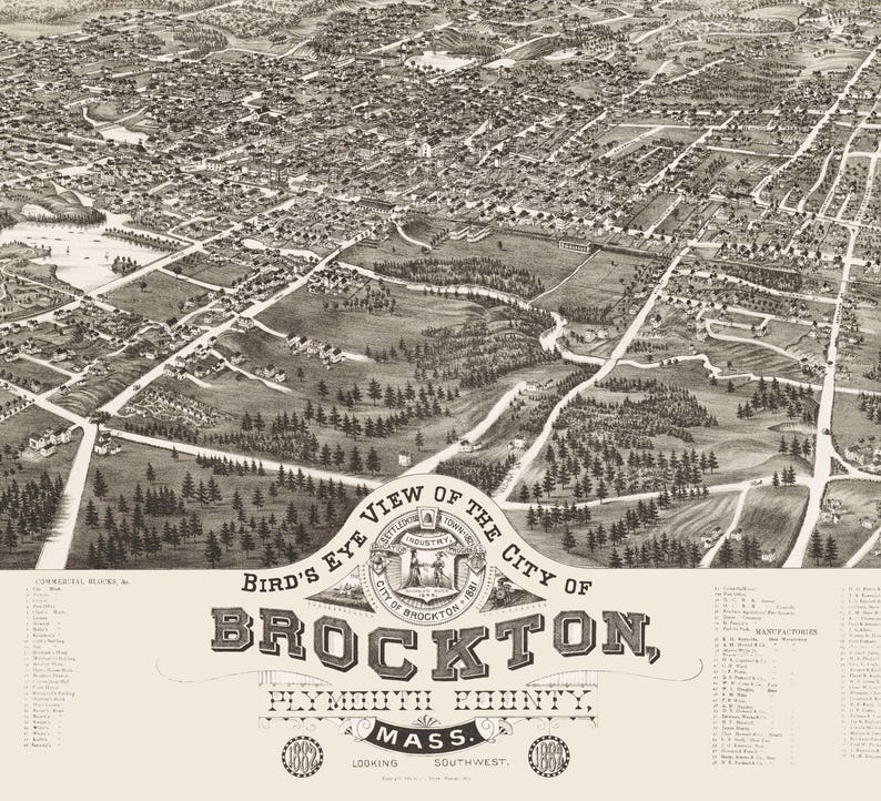 Brockton, MA 1882 Bird's Eye View 24x36 Print From a Vintage Lithograph ...
