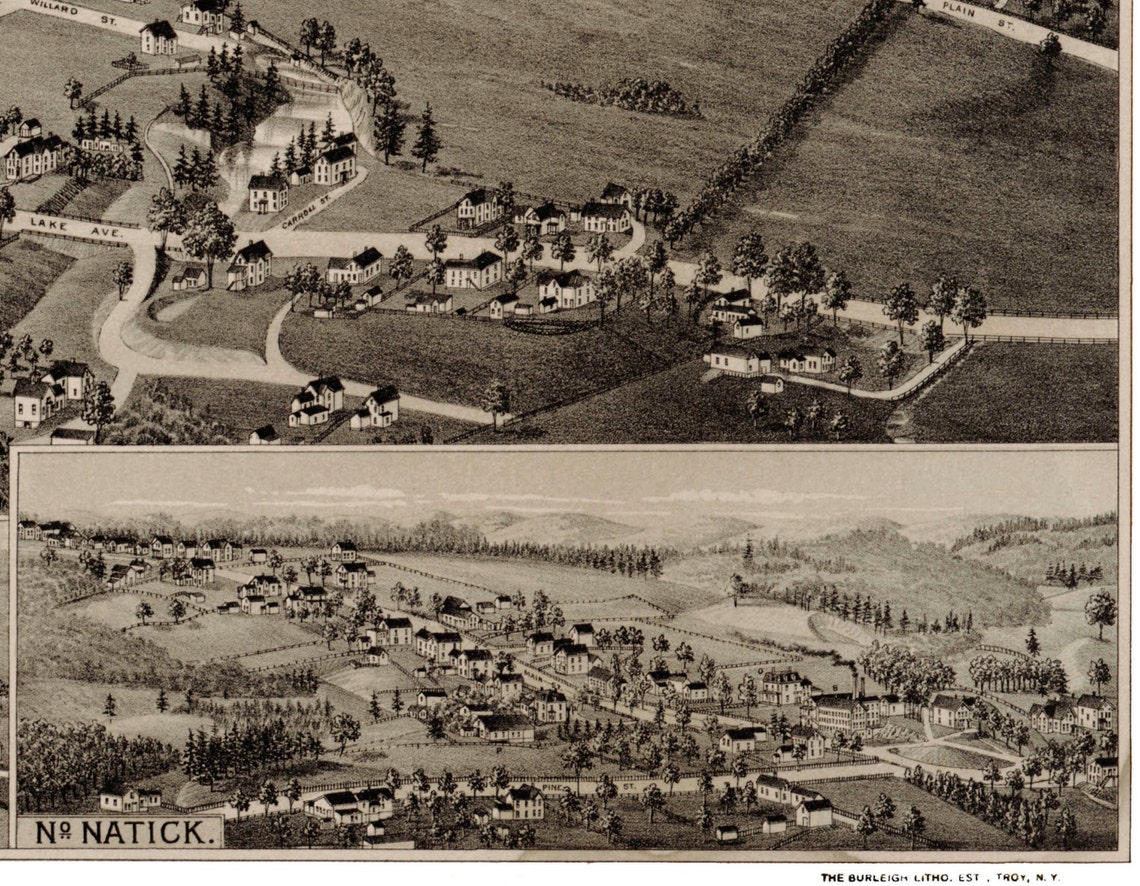 Cochituate & N. Natick, MA 1887 Bird's Eye View; 24x36 Print From a ...