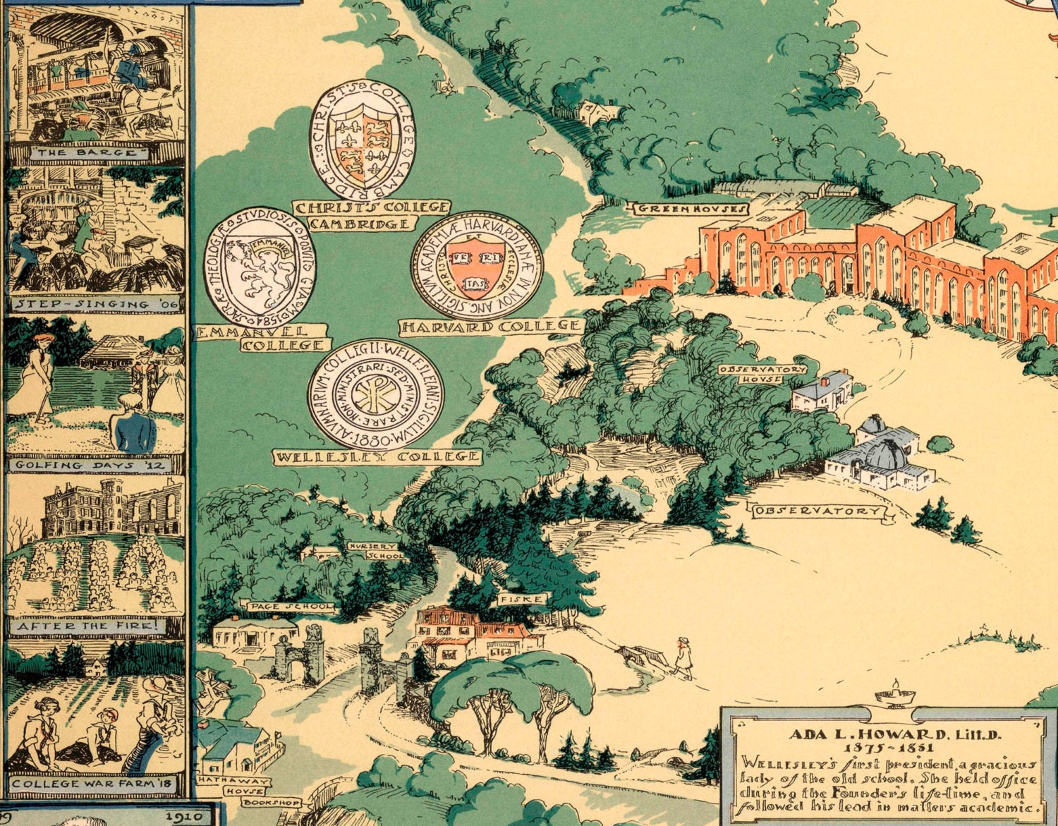 Wellesley College Pictorial Map ... Published in 1943; 24x36 Print on ...