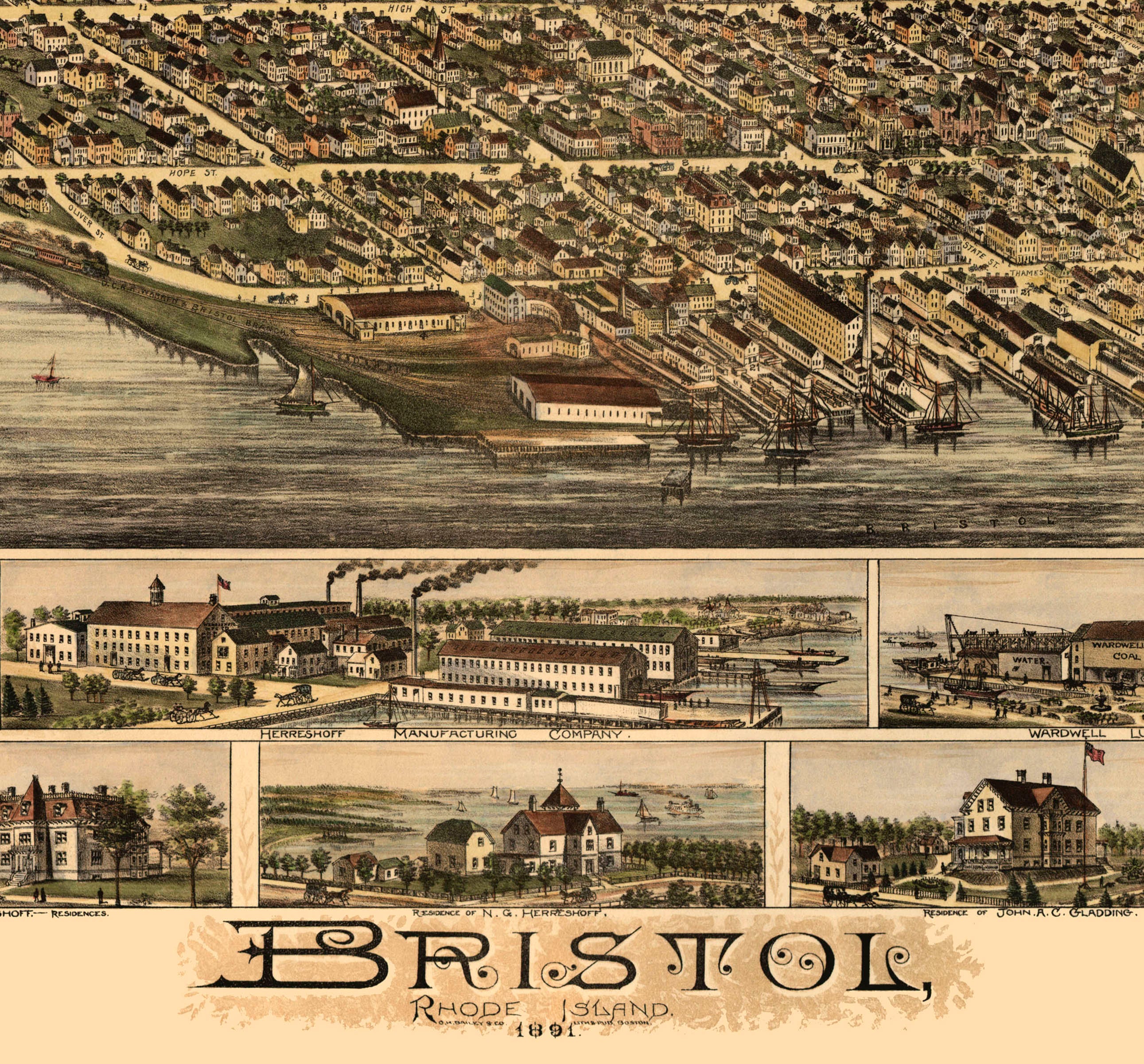 Bristol, RI 1891 Bird's Eye View; 24x36 Print From a Vintage Lithograph ...