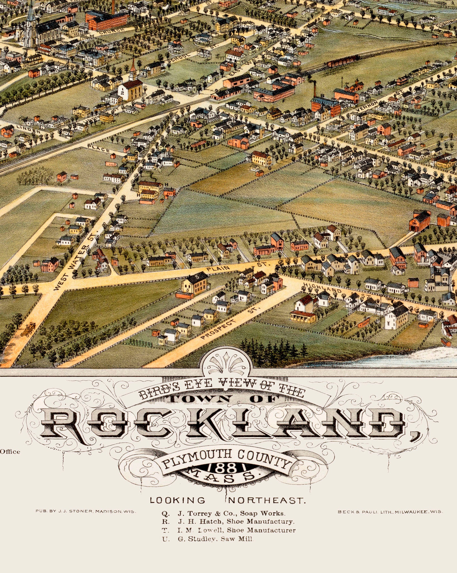 Rockland MA 1881 Bird's Eye View 24x36 Print from a - Etsy España