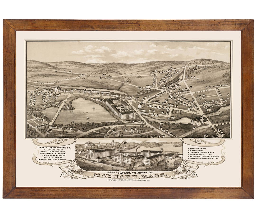 Maynard, MA 1879 Bird's Eye View; 24x36 Print From a Vintage Lithograph ...