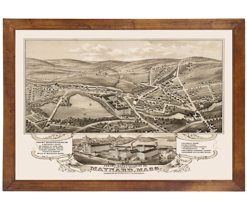 Maynard, MA 1879 Bird's Eye View; 24x36 Print From a Vintage Lithograph ...