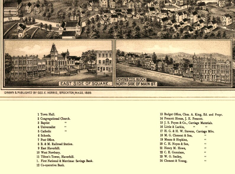 Merrimac, MA 1889 Bird's Eye View; 24x36 Print From a Vintage ...