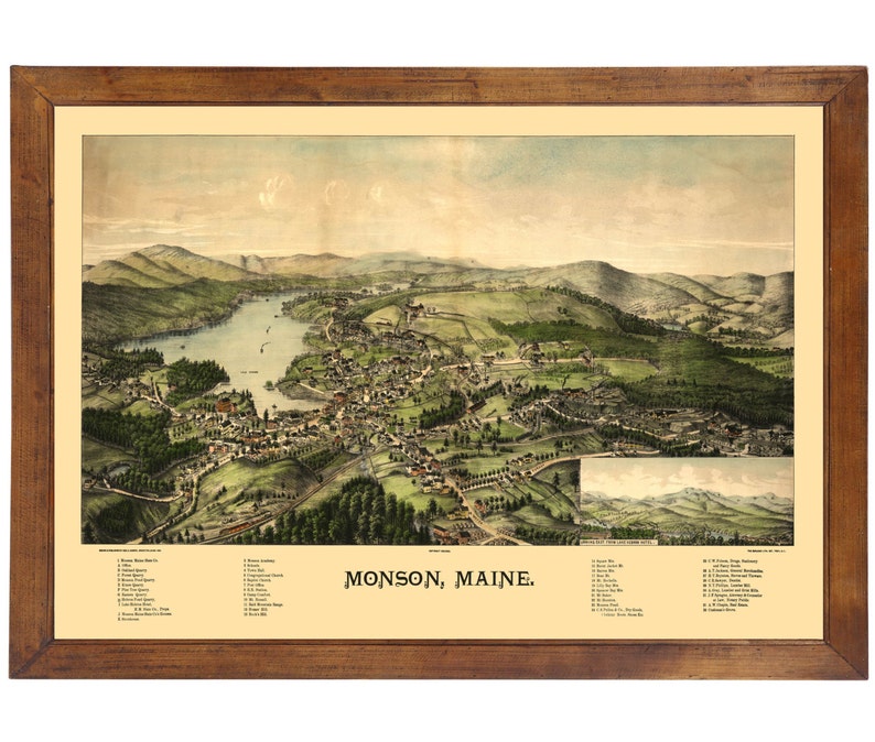 Monson, ME 1889 Bird's Eye View; 24x36 Print From a Vintage Lithograph ...