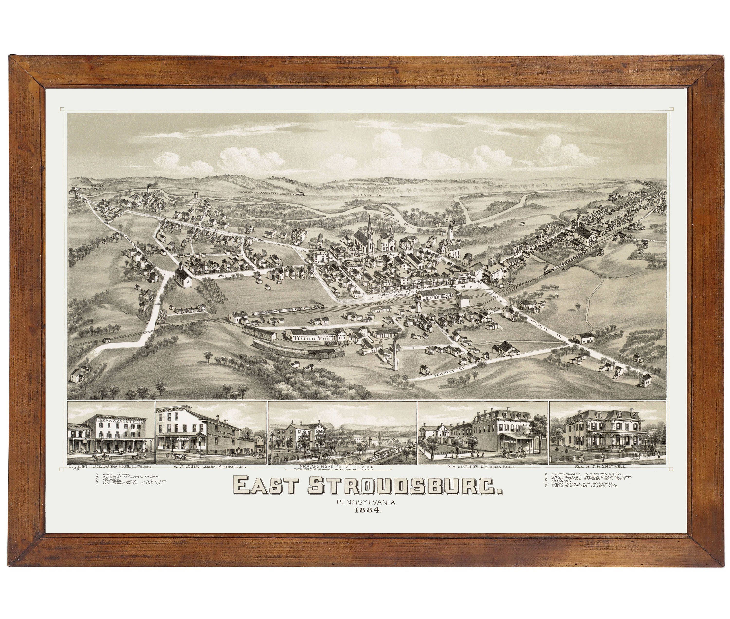 Stroudsburg, PA 1884 Bird's Eye View; 24x36 Print From a Vintage ...