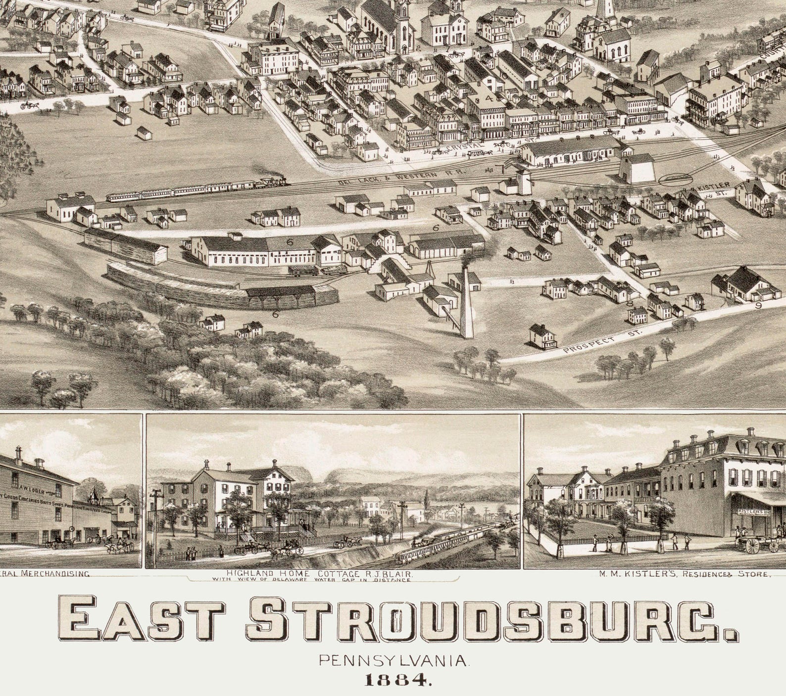 Stroudsburg, PA 1884 Bird's Eye View; 24x36 Print From a Vintage ...