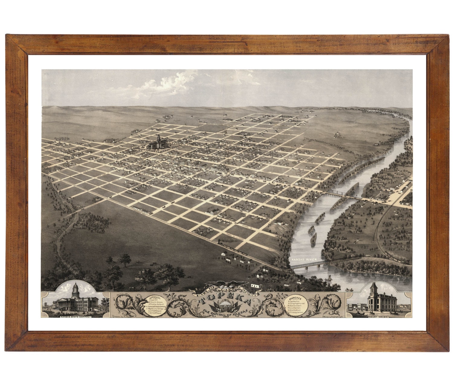 Topeka, KS 1869 Bird's Eye View; 24x36 Print From a Vintage Lithograph ...