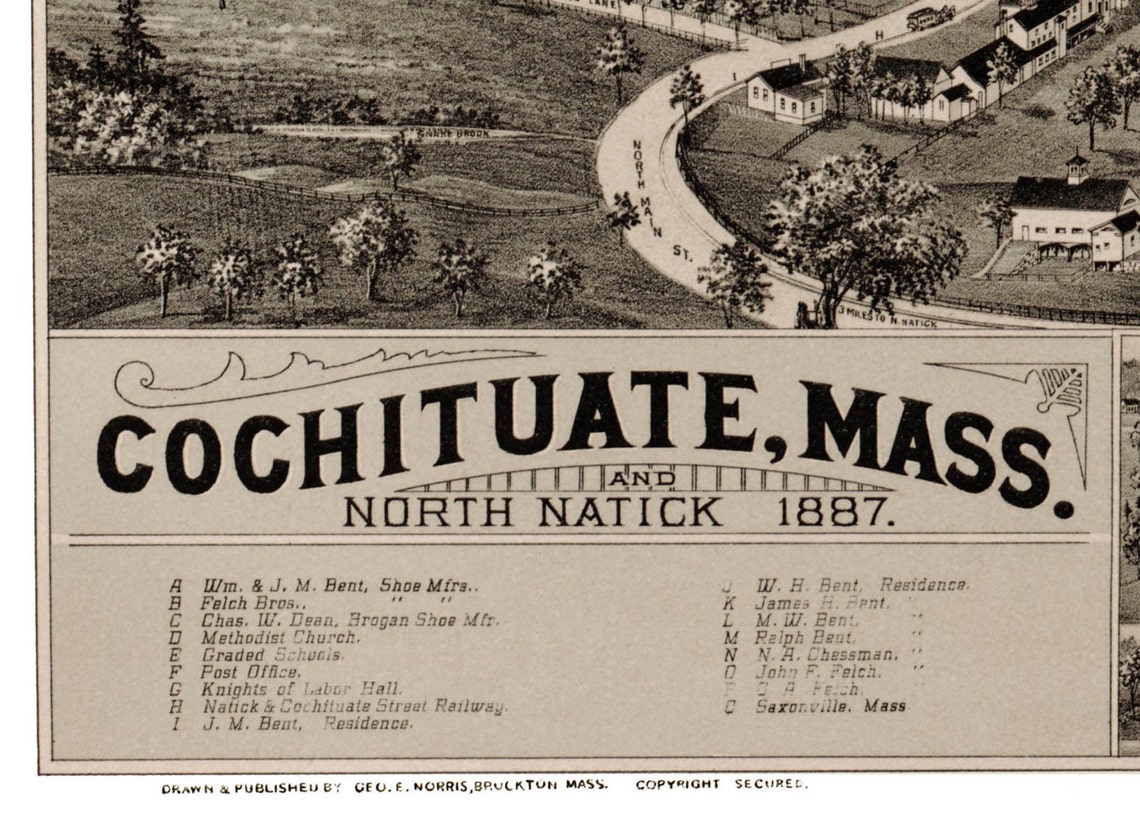 Cochituate & N. Natick, MA 1887 Bird's Eye View; 24x36 Print From a ...