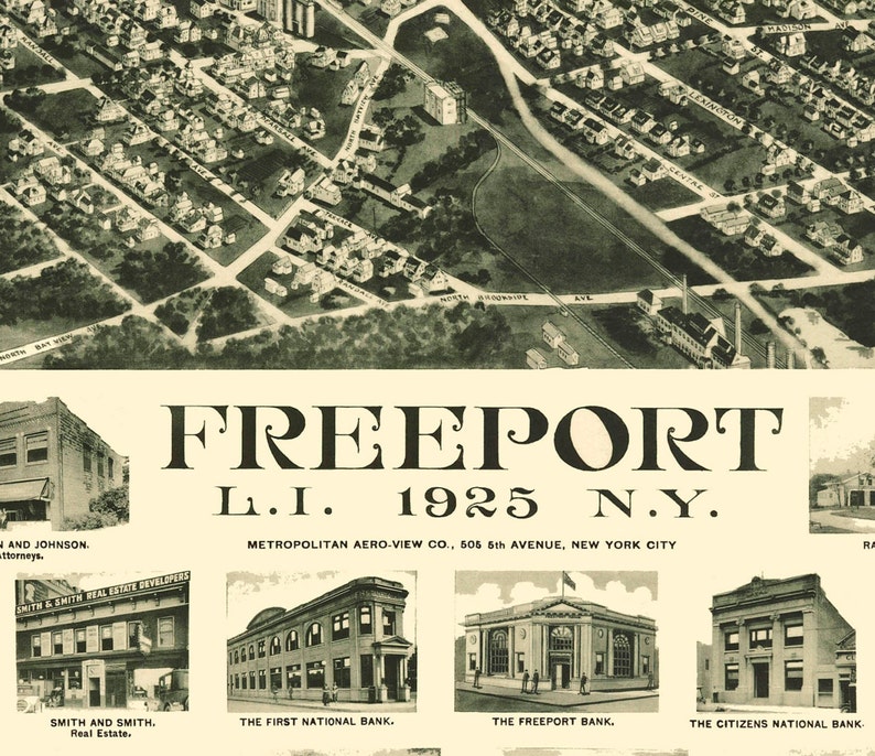 Freeport, Long Island NY 1925 Bird's Eye View 24x36 Print From a ...