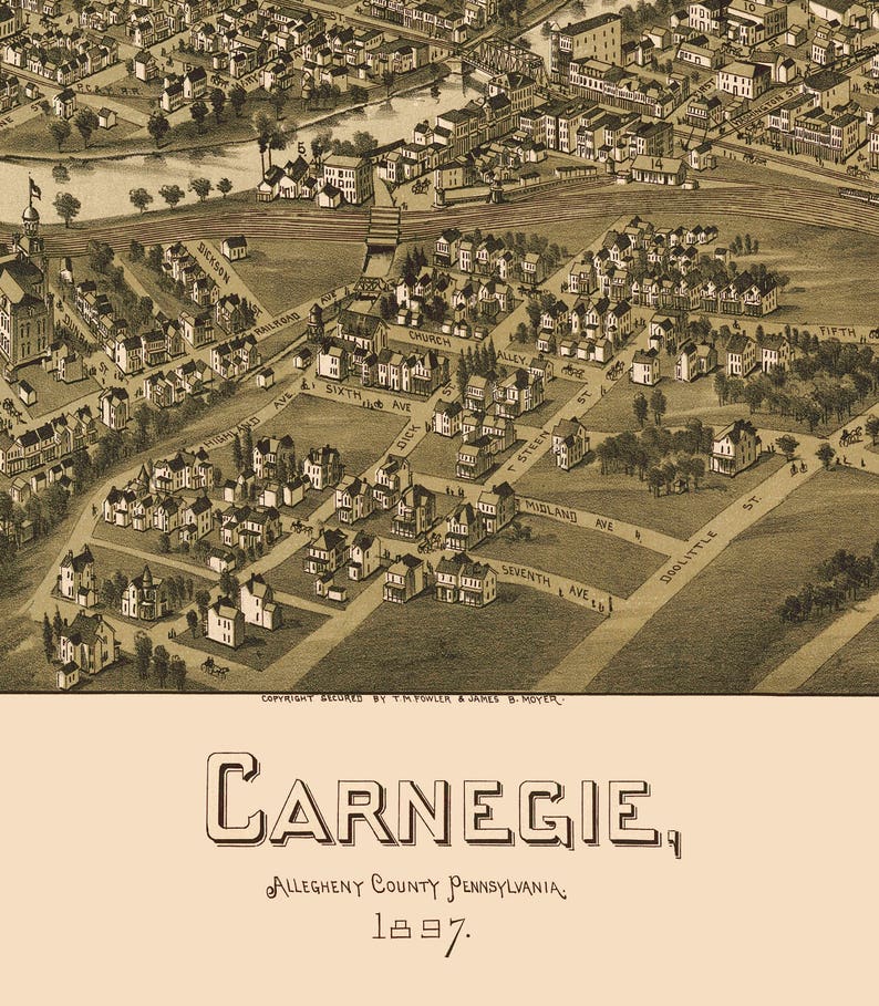 Carnegie, PA 1897 Bird's Eye View; 24x36 Print From a Vintage ...