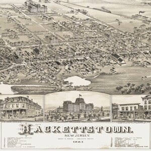 Hackettstown, NJ 1883 Bird's Eye View; 24x36 Print From a Vintage ...