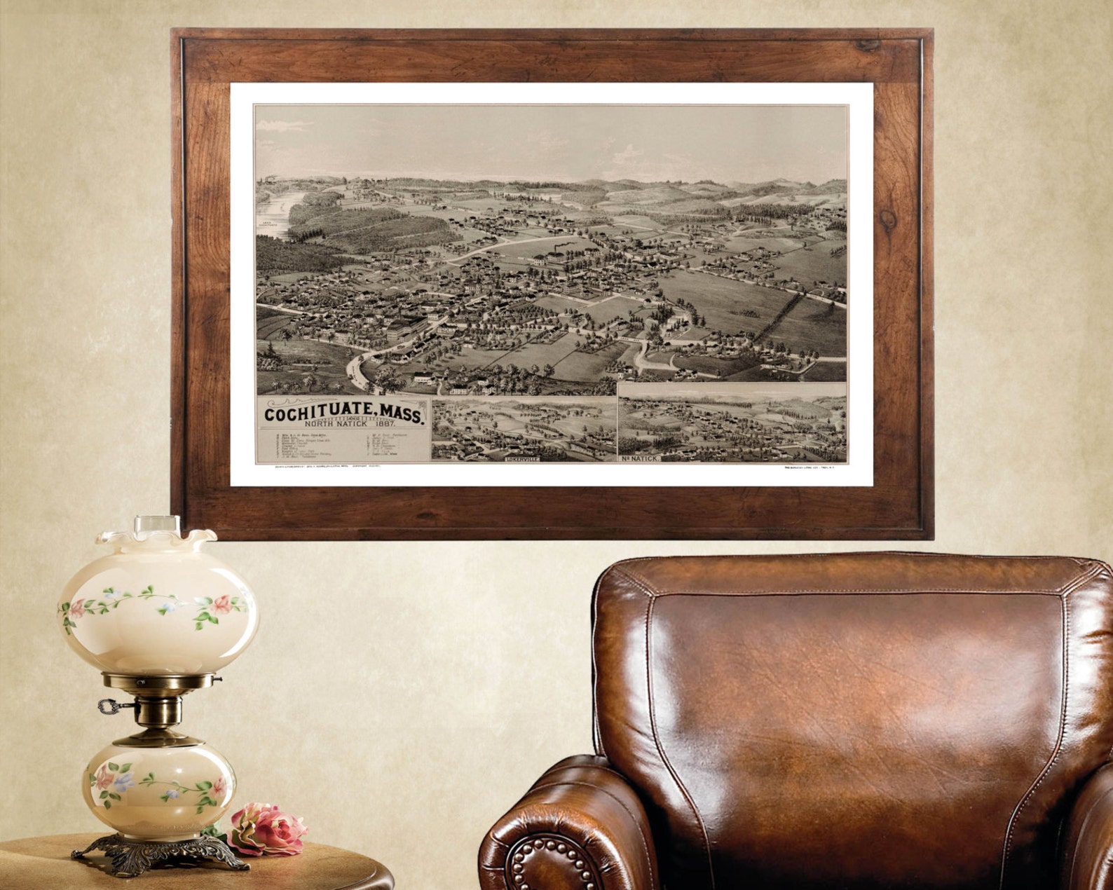 Cochituate & N. Natick, MA 1887 Bird's Eye View; 24x36 Print From a ...
