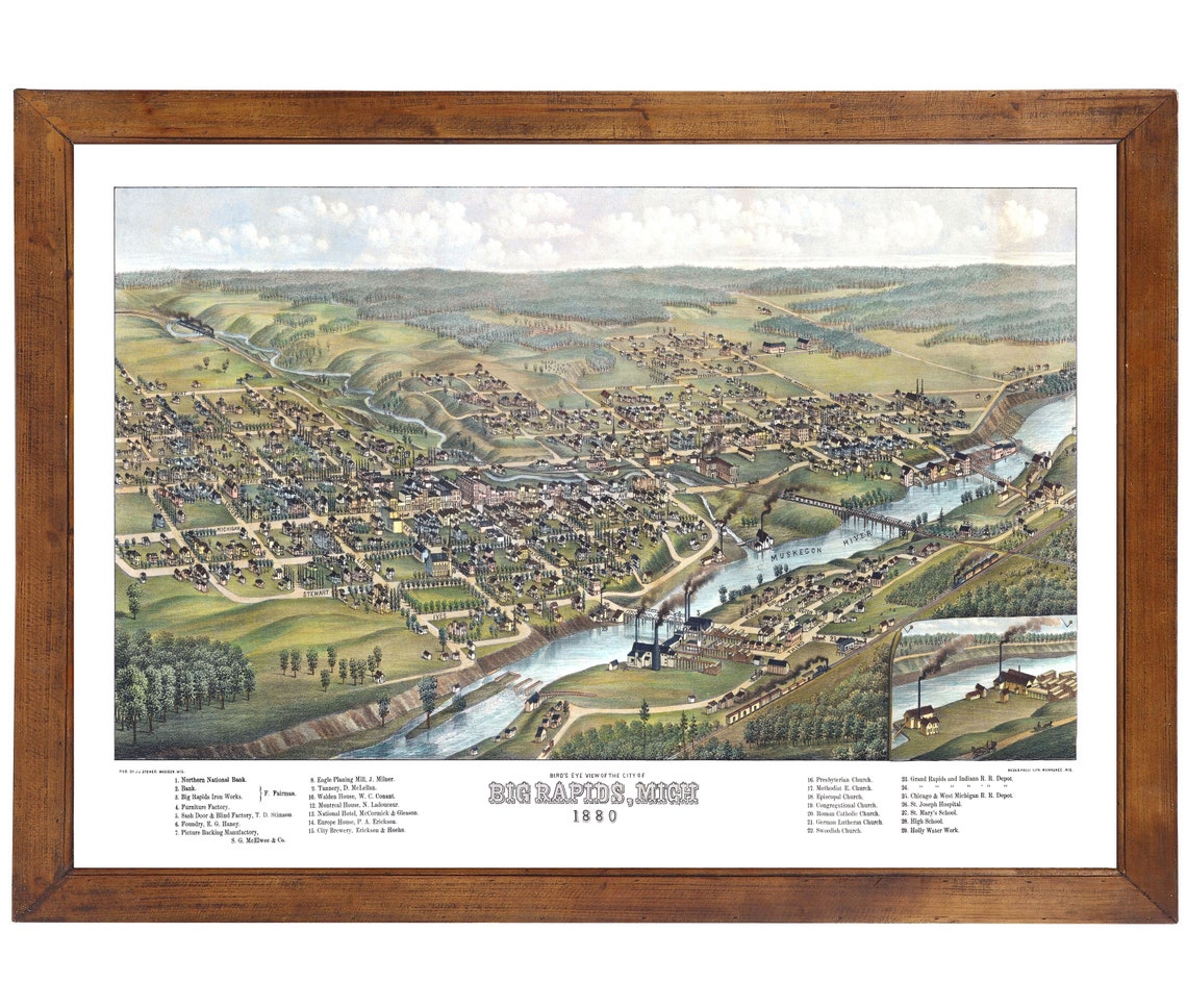 Big Rapids, MI 1880 Bird's Eye View; 24x36 Print From a Vintage ...