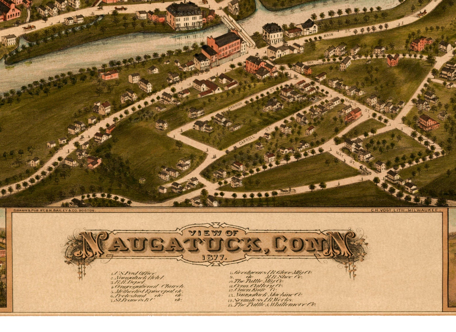 Naugatuck, CT 1877 Bird's Eye View 24x36 Print From a Vintage ...