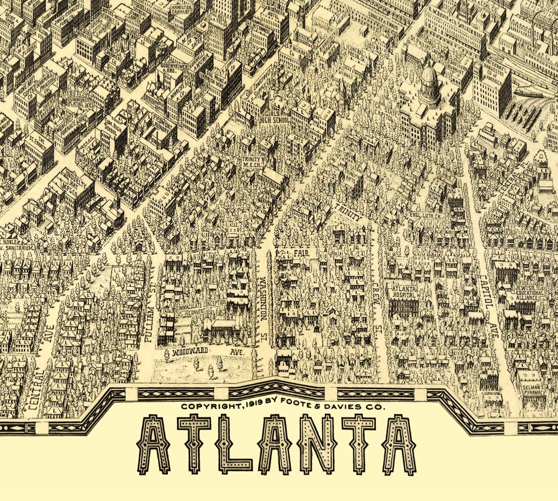 Atlanta GA 1919 Bird's Eye View 24 X 36 - Etsy UK
