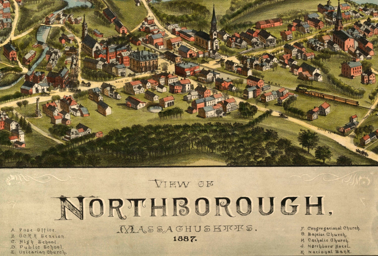 Northborough, MA 1887 Bird's Eye View 24x36 Print From a Vintage ...