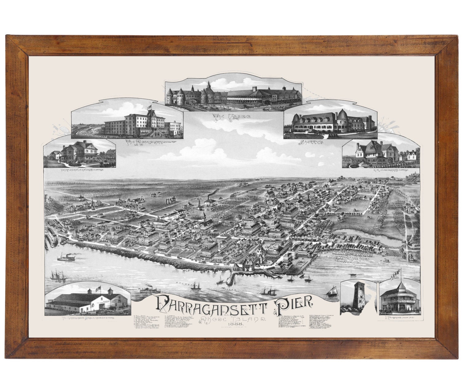 Narragansett, RI 1888 Bird's Eye View; 24x36 Print From a Vintage ...