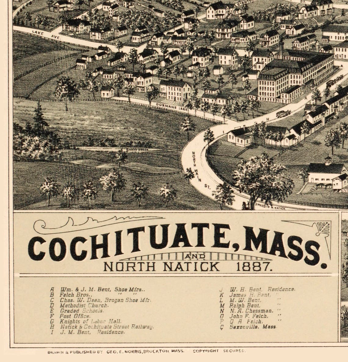 Cochituate, MA 1887 Bird's Eye View; 24x36 Print From a Vintage ...