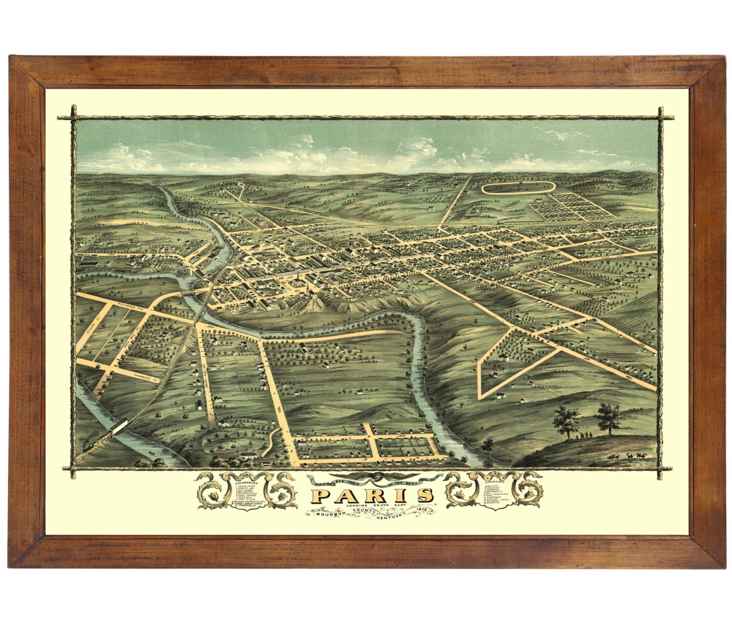 Paris, KY 1870 Bird's Eye View 24x36 Print from a Vintage Lithograph ...