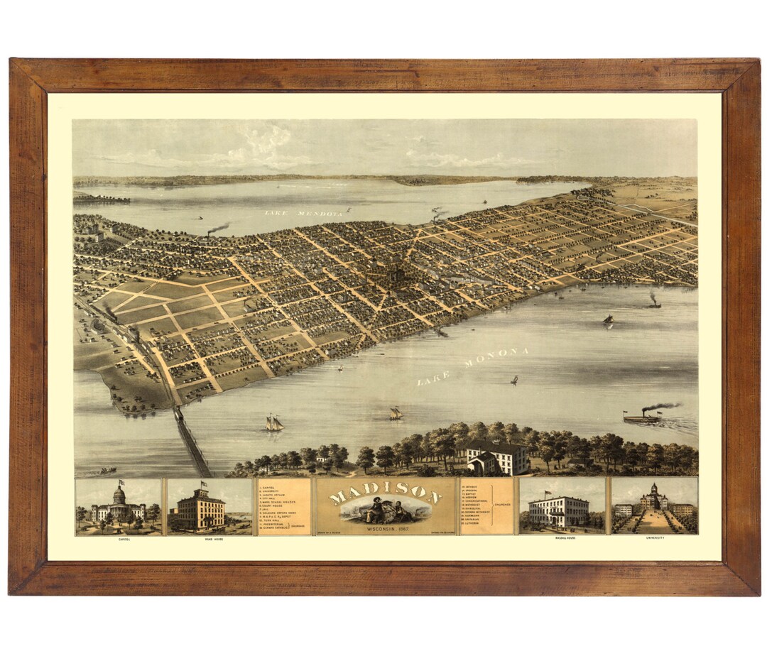 Madison, WI 1867 Bird's Eye View; 24x36 Print From a Vintage Lithograph ...