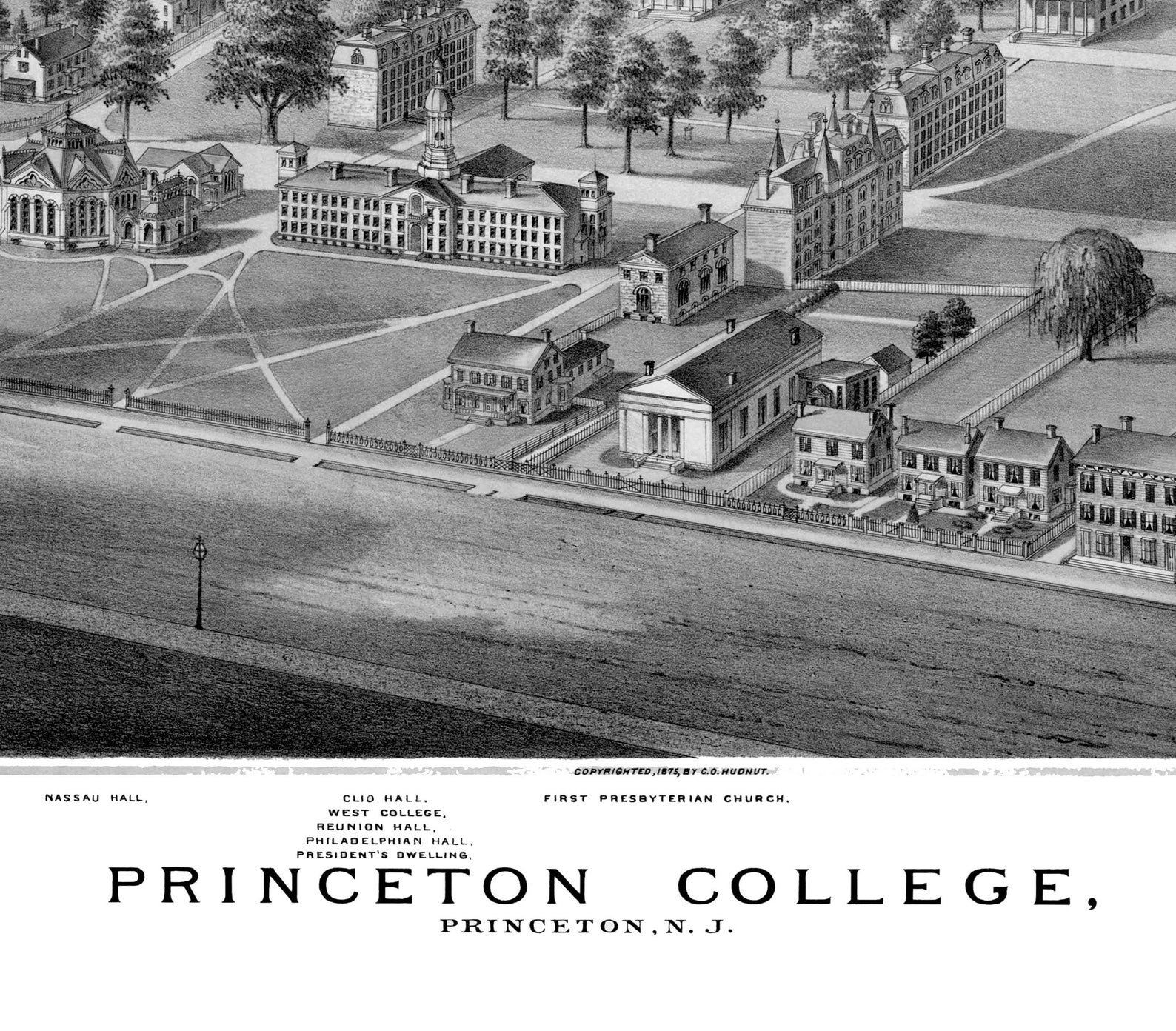 Princeton College, NJ 1875 Bird's Eye View; 24x36 Print From a Vintage ...