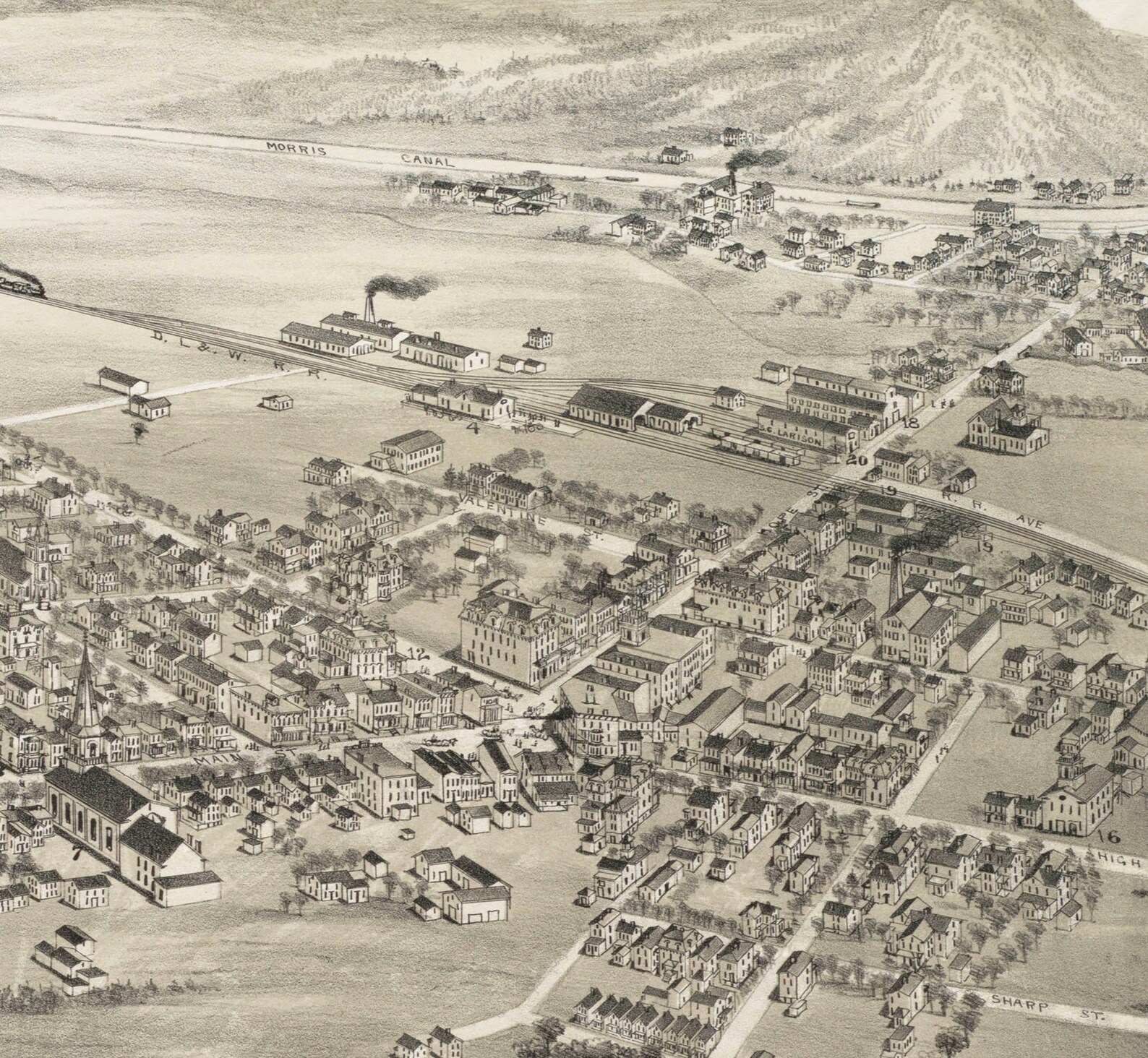 Hackettstown, NJ 1883 Bird's Eye View; 24x36 Print From a Vintage ...