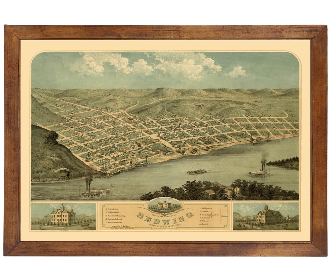 Red Wing, MN 1868 Bird's Eye View; 24x36 Print From a Vintage ...