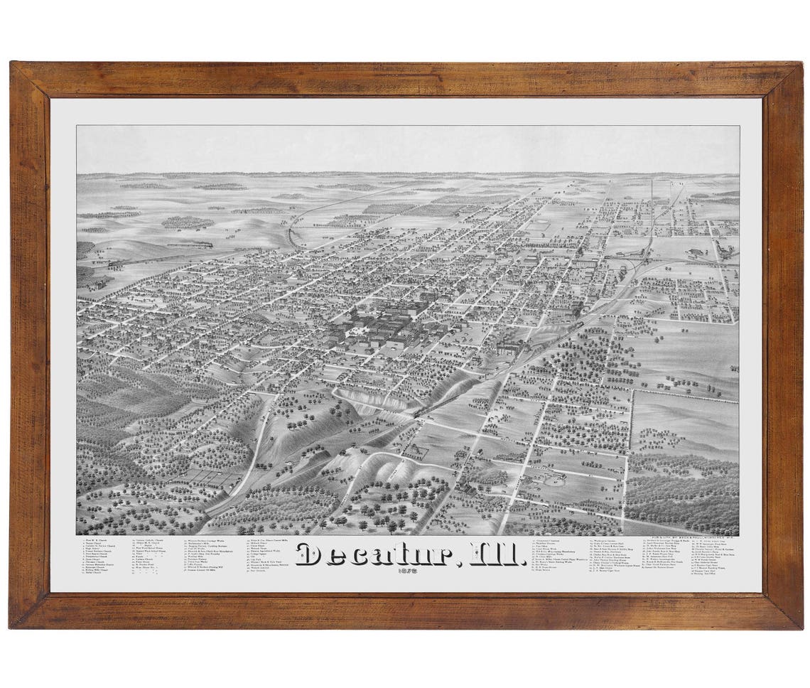 Decatur, IL 1878 Bird's Eye View 24x36 Print From a Vintage Lithograph ...