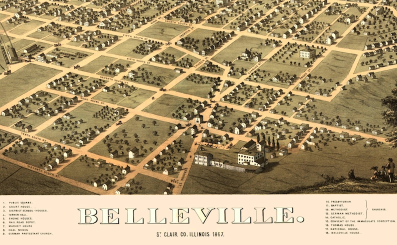 Belleville, IL 1867 Bird's Eye View; 24x36 Print From a Vintage ...