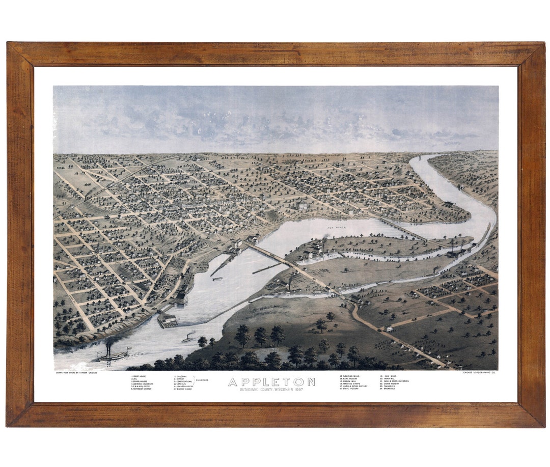 Appleton, WI 1867 Bird's Eye View; 24" X 36" Print From a Vintage ...