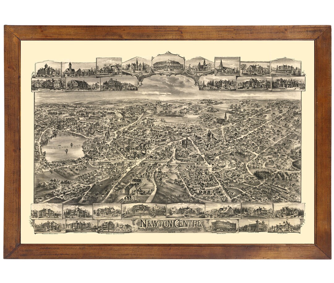 Newton Centre, MA 1897 Bird's Eye View; 24x36 Print From a Vintage ...
