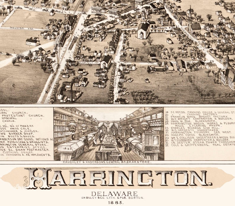 Harrington, DE 1885 Bird's Eye View; 24x36 Print From a Vintage ...
